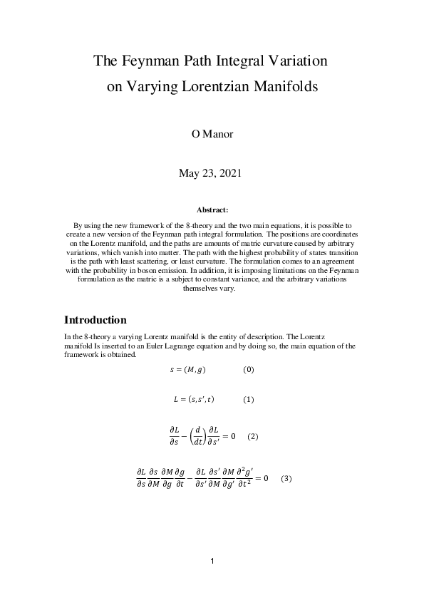 (PDF) Feynman Path Integral Variation on Lorentz Manifolds - 8 Theory