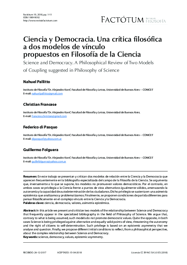 (PDF) Ciencia y democracia. Una crítica filosófica a dos modelos de ...