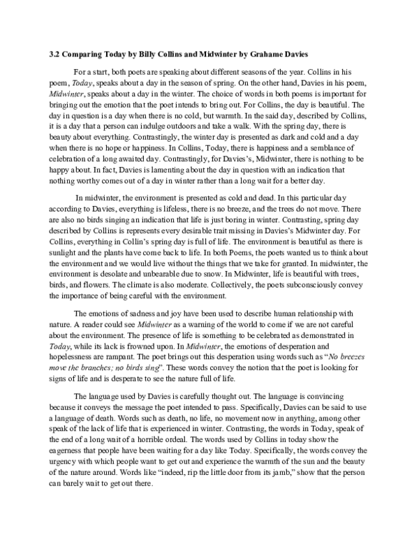 (DOC) 3.2 Comparing Today by Billy Collins and Midwinter by Grahame Davies