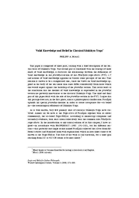 (PDF) Valid Knowledge and Belief in Classical Sāṅkhya Yoga