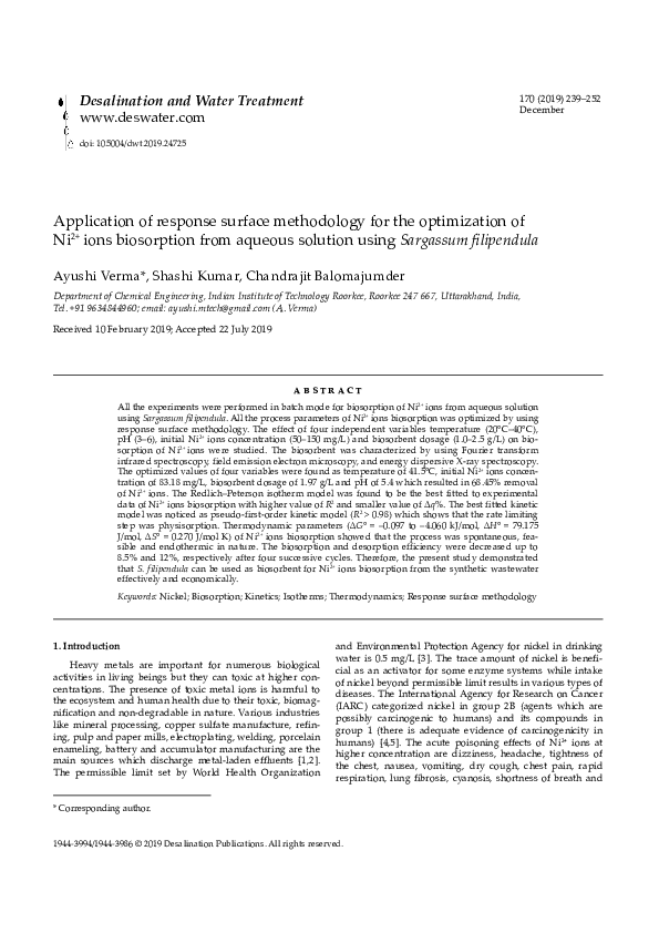 (PDF) Application of response surface methodology for the optimization of Ni2+ ions biosorption ...