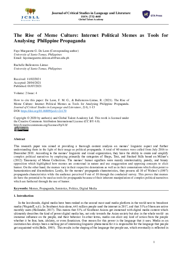 (PDF) The Rise of Meme Culture: Internet Political Memes as Tools for ...