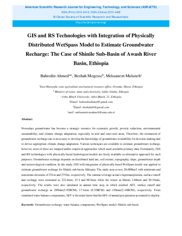 (PDF) GIS and RS Technologies with Integration of Physically Distributed WetSpass Model to ...