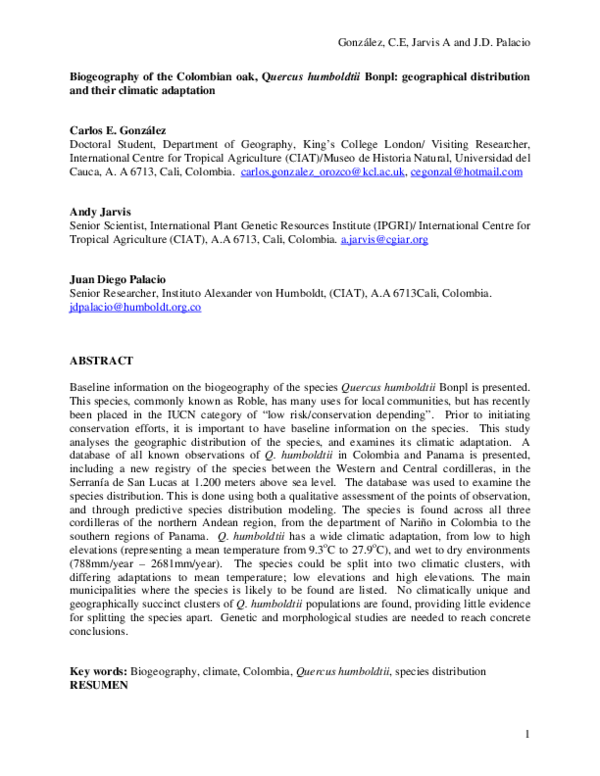 (PDF) Biogeography of the Colombian oak, Quercus humboldtii Bonpl ...
