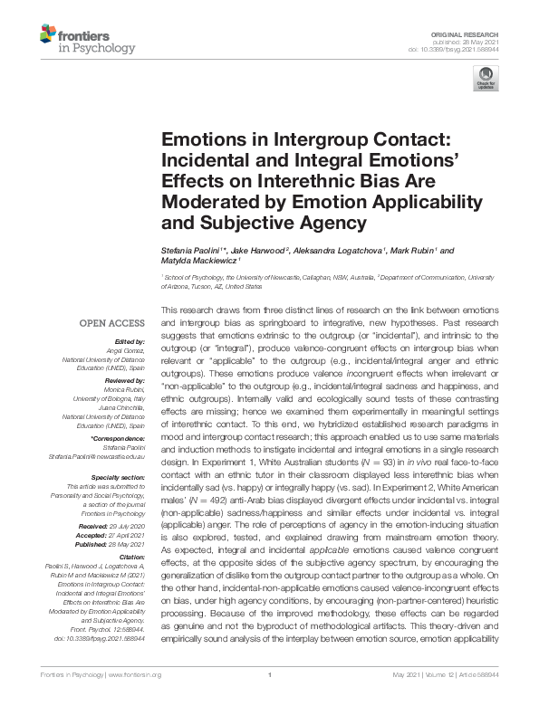 (PDF) Emotions in Intergroup Contact: Incidental and Integral Emotions ...