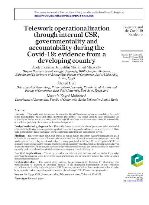 (PDF) Telework operationalization through internal CSR, governmentality ...