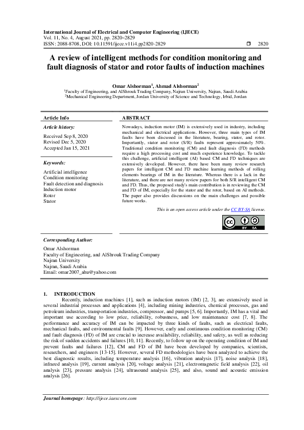 Pdf A Review Of Intelligent Methods For Condition Monitoring And Fault Diagnosis Of Stator And