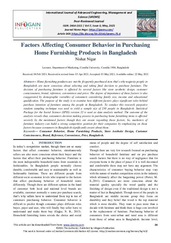 (PDF) Factors Affecting Consumer Behavior in Purchasing Home Furnishing Products in Bangladesh