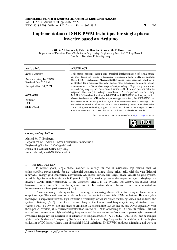 Pdf Implementation Of She Pwm Technique For Single Phase Inverter Based On Arduino 