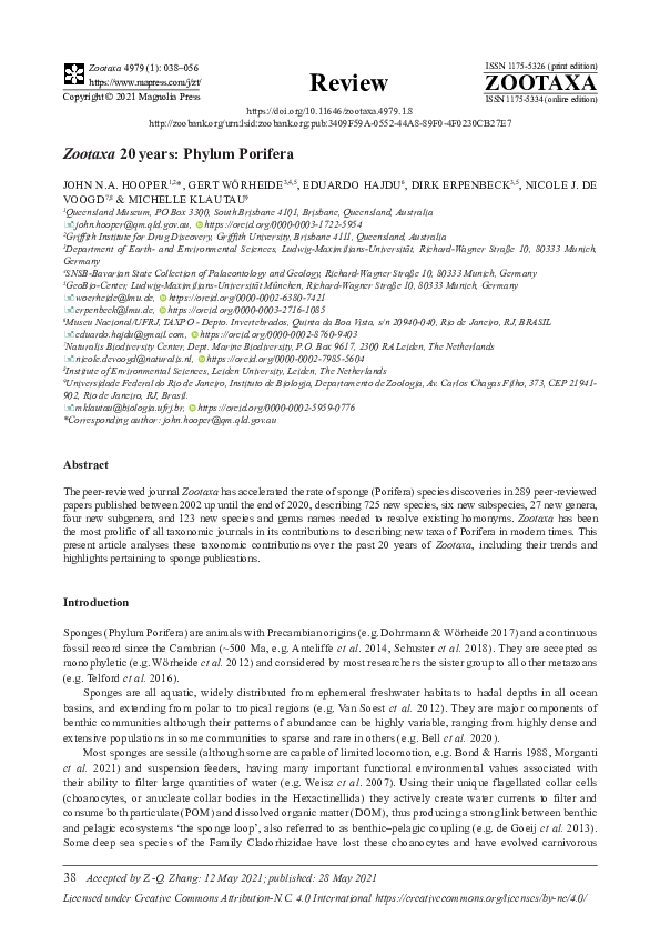 (PDF) Zootaxa 20 years: Phylum Porifera
