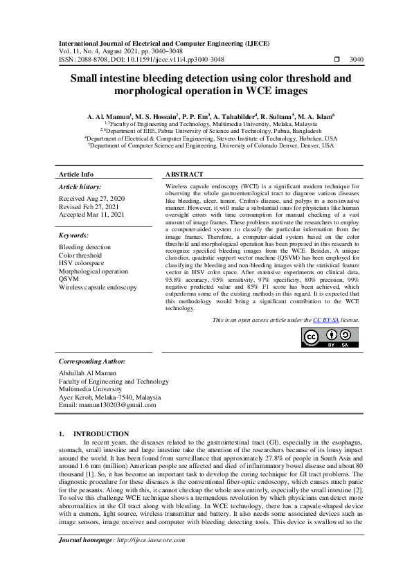Pdf Small Intestine Bleeding Detection Using Color Threshold And Morphological Operation In
