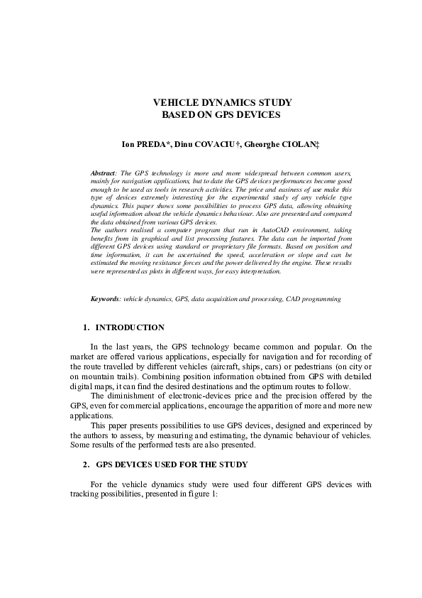 (PDF) Vehicle Dynamics Study Based on GPS Devices