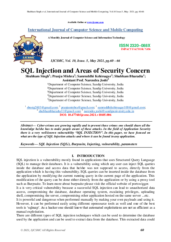 (PDF) SQL Injection and Areas of Security Concern﻿