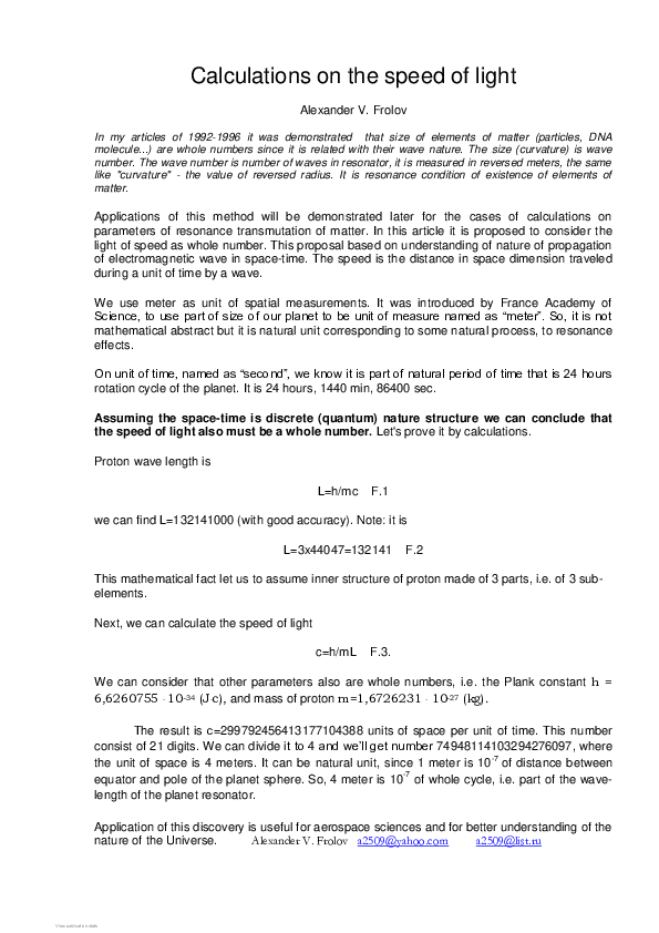 (PDF) Calculations on the speed of light