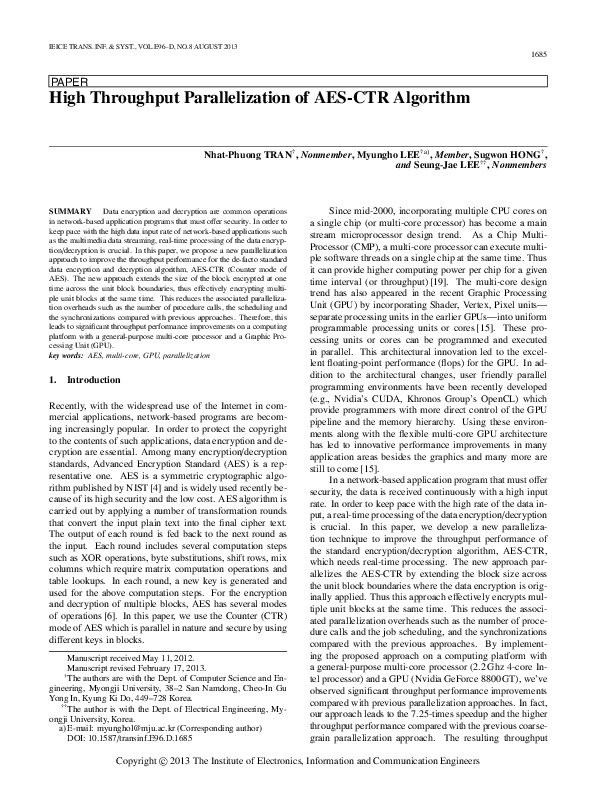 Pdf High Throughput Parallelization Of Aes Ctr Algorithm