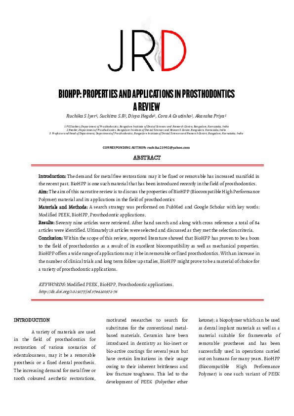 (PDF) Biohpp: Properties and Applications in Prosthodontics a Review