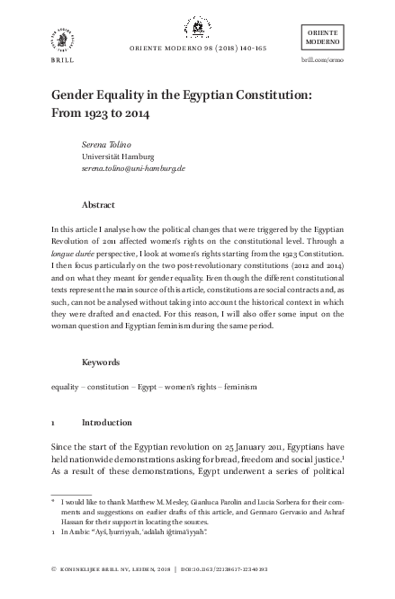 (PDF) "Gender Equality in the Egyptian Constitution: From 1923 to 2014”.