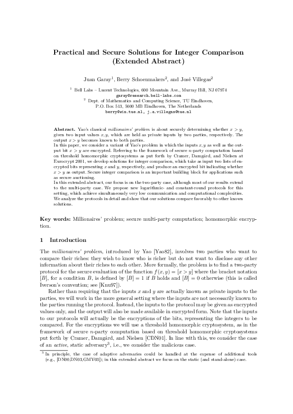 (PDF) Practical and Secure Solutions for Integer Comparison