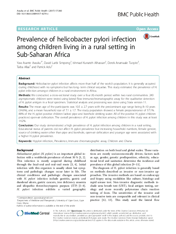 (PDF) Prevalence of helicobacter pylori infection among children living in a rural setting in ...