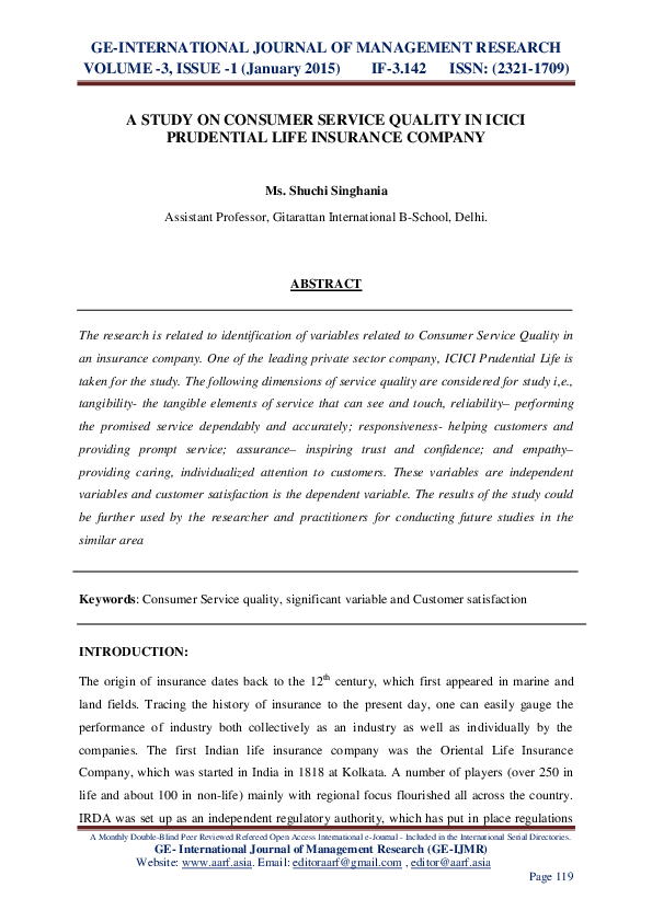 (PDF) A STUDY ON CONSUMER SERVICE QUALITY IN ICICI PRUDENTIAL LIFE ...