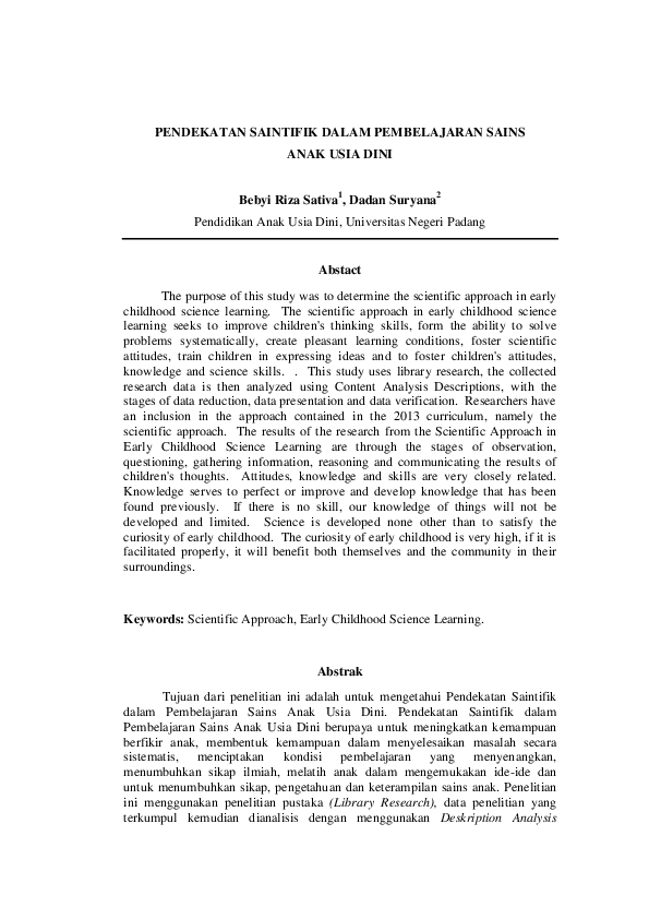 (PDF) PENDEKATAN SAINTIFIK DALAM PEMBELAJARAN SAINS ANAK USIA DINI