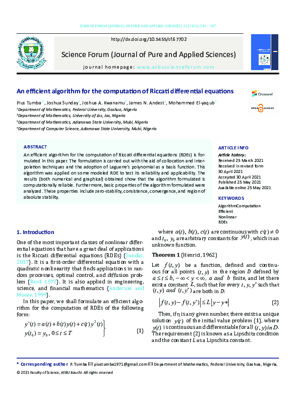 (PDF) An Efficient Algorithm for the Computation of Riccati Differential Equations