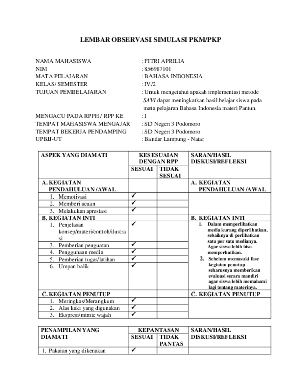 (PDF) Lembar Observasi RPP siklus