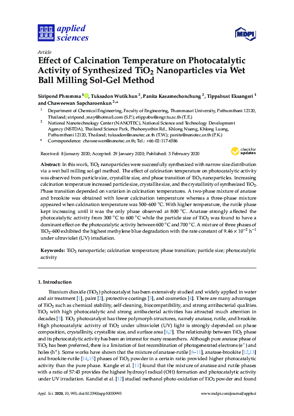 (PDF) Effect of Calcination Temperature on Photocatalytic Activity of Synthesized TiO2 ...