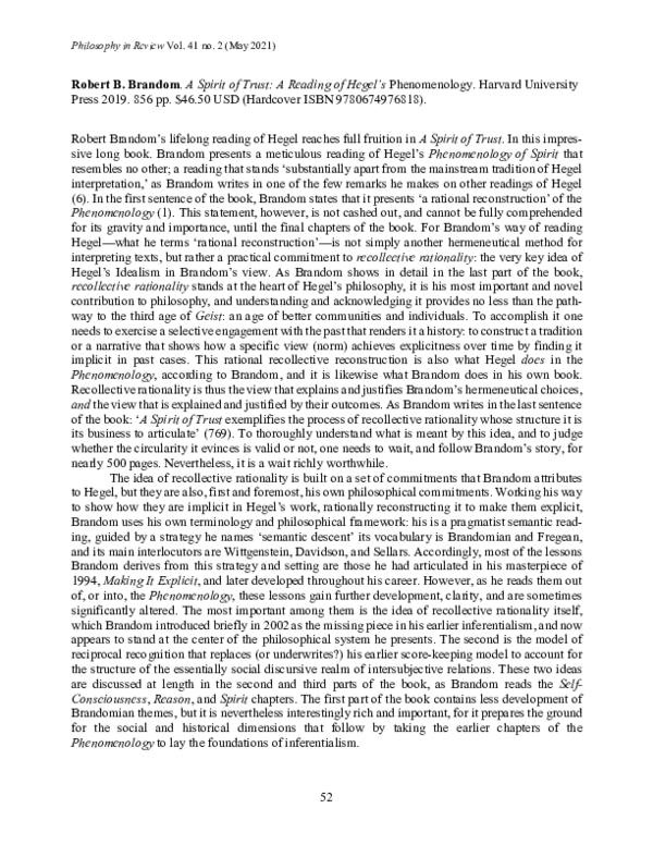 (PDF) Robert B. Brandom, A Spirit of Trust: A Reading of Hegel's ...