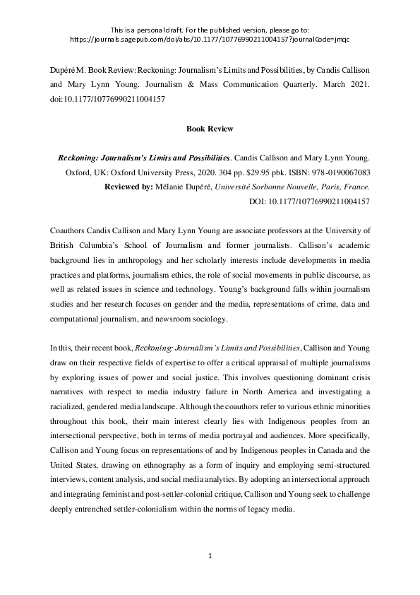 (PDF) 'Reckoning: Journalism's Limits and Possibilities', by Candis ...