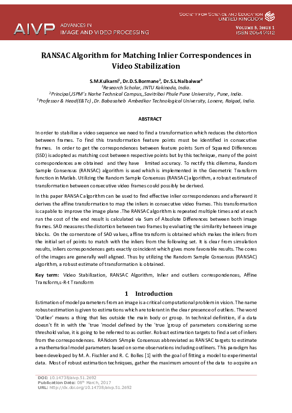 Pdf Ransac Algorithm For Matching Inlier Correspondences In Video