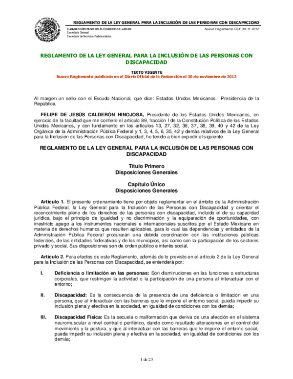 (PDF) REGLAMENTO DE LA LEY GENERAL PARA LA INCLUSIÓN DE LAS PERSONAS CON DISCAPACIDAD | Luis ...