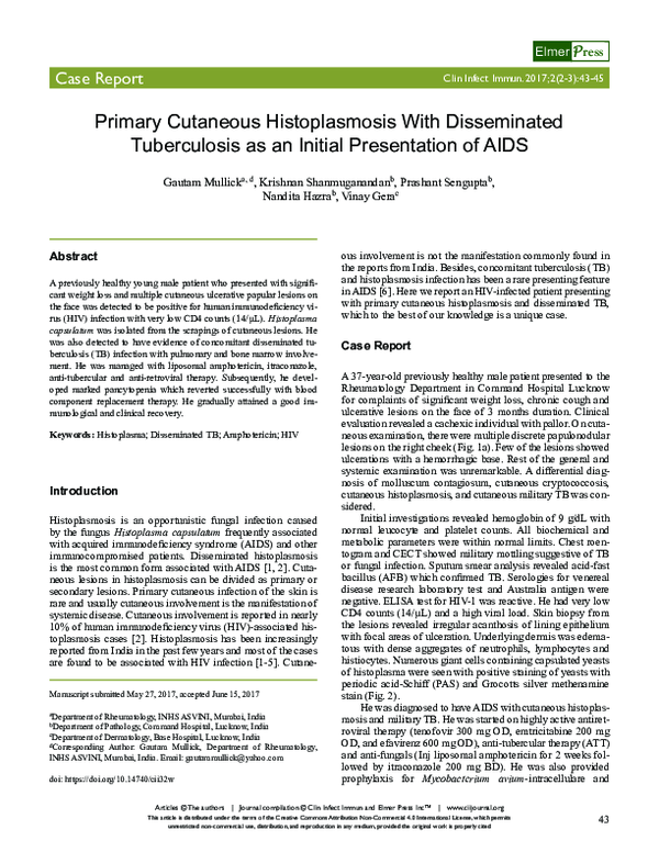 (PDF) Primary Cutaneous Histoplasmosis With Disseminated Tuberculosis ...