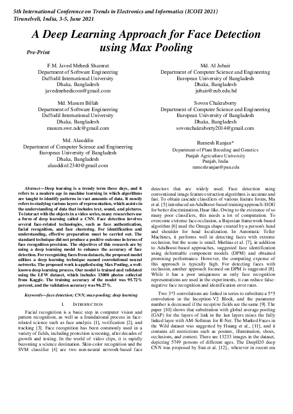 (PDF) A Deep Learning Approach for Face Detection using Max Pooling