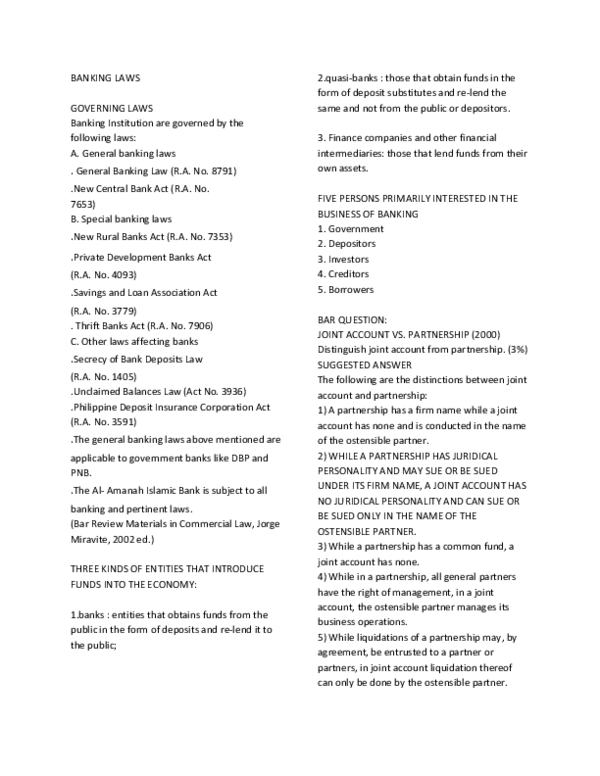 (PDF) BANKING LAWS NOTES