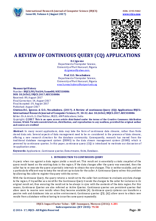 (PDF) A Review of Continuous Query (CQ) Applications