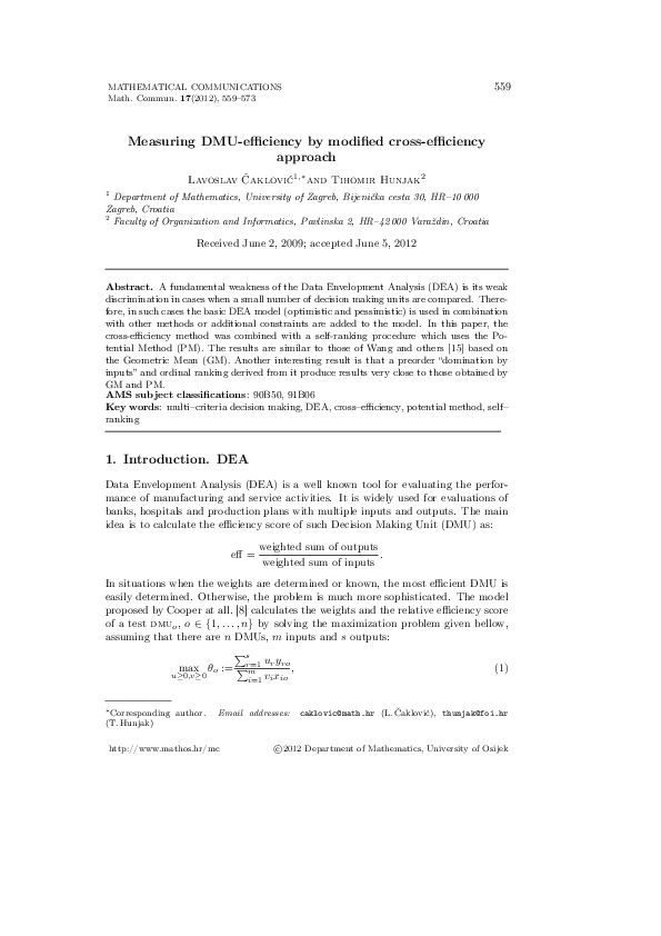 (PDF) Measuring DMU-efficiency by modified cross-efficiency approach