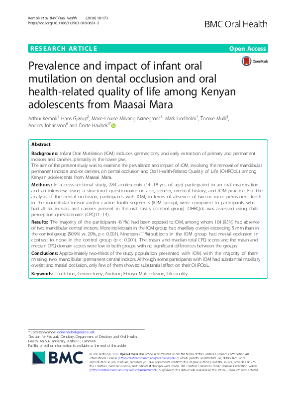 (PDF) Prevalence and impact of infant oral mutilation on dental ...