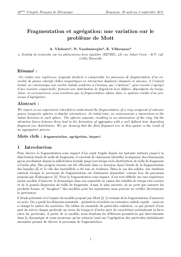 (PDF) Fragmentation et agrégation: une variation sur le problème de Mott
