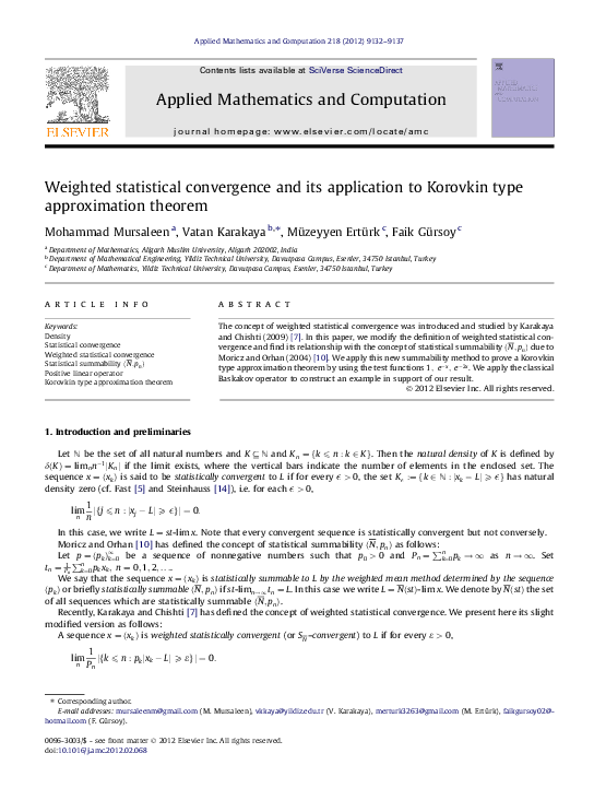 Pdf Weighted Statistical Convergence And Its Application To Korovkin Type Approximation Theorem