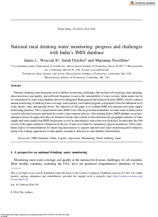 (PDF) National rural drinking water monitoring: progress and challenges ...