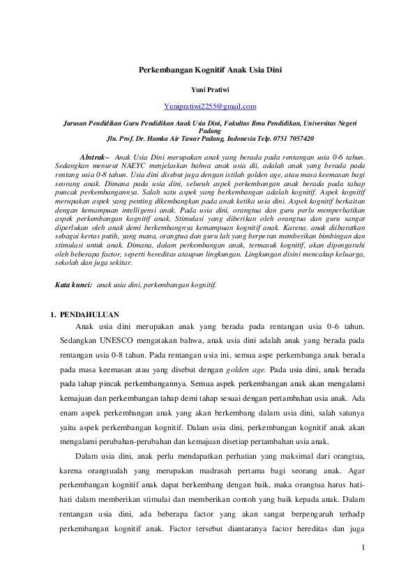 (PDF) Perkembangan Kognitif Anak Usia Dini (PDF) Perkembangan Kognitif Anak Usia Dini
