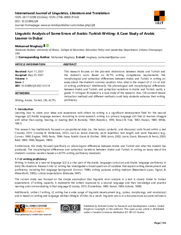 (PDF) Linguistic Analysis of Some Errors of Arabic-Turkish Writing: A Case Study of Arabic ...