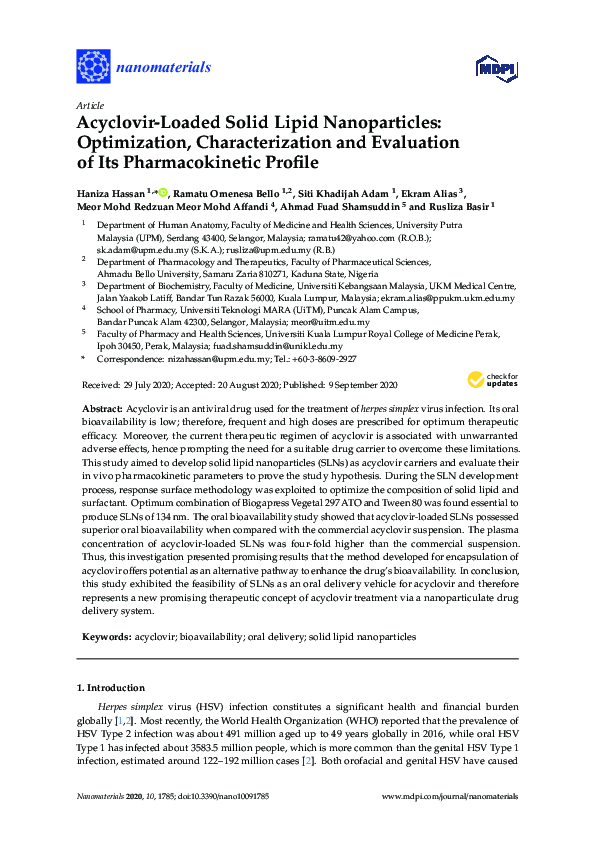 Pdf Acyclovir Loaded Solid Lipid Nanoparticles Optimization Characterization And Evaluation