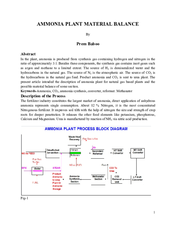 (PDF) AMMONIA PLANT MATERIAL BALANCE