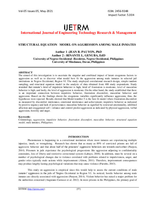 (PDF) STRUCTURAL EQUATION MODEL ON AGGRESSION AMONG MALE INMATES