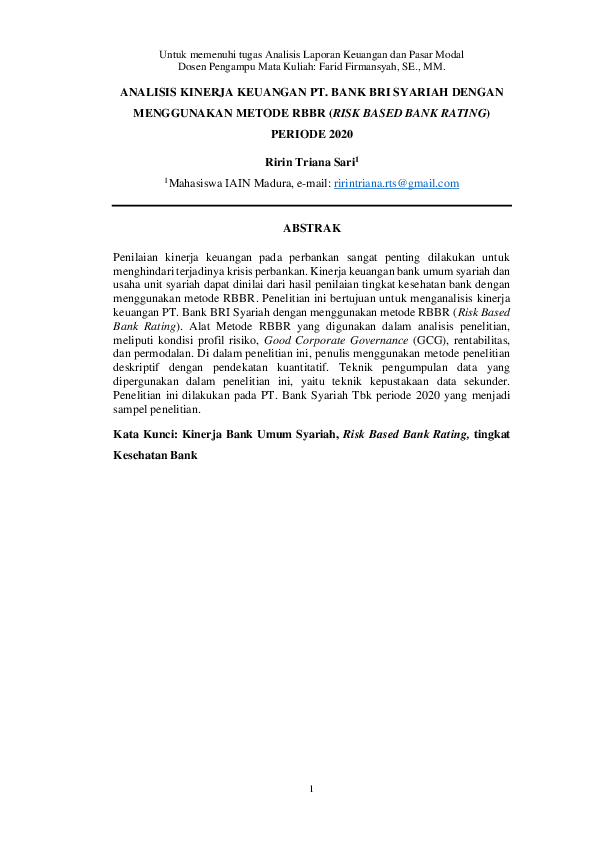 (PDF) ANALISIS KINERJA KEUANGAN PT. BANK BRI SYARIAH MENGGUNAKAN METODE RISK BASED BANK RATING ...