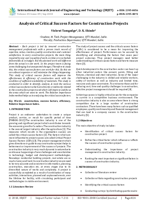 (PDF) Analysis of Critical Success Factors for Construction Projects