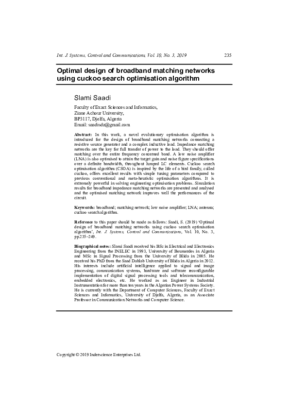 Pdf Optimal Design Of Broadband Matching Networks Using Cuckoo Search Optimisation Algorithm