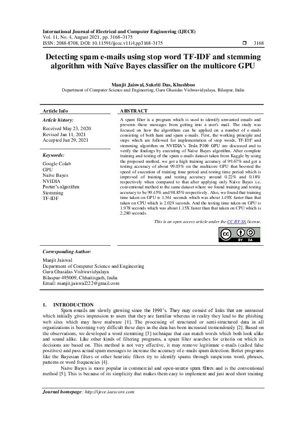 Pdf Detecting Spam E Mails Using Stop Word Tf Idf And Stemming Algorithm With Naïve Bayes 
